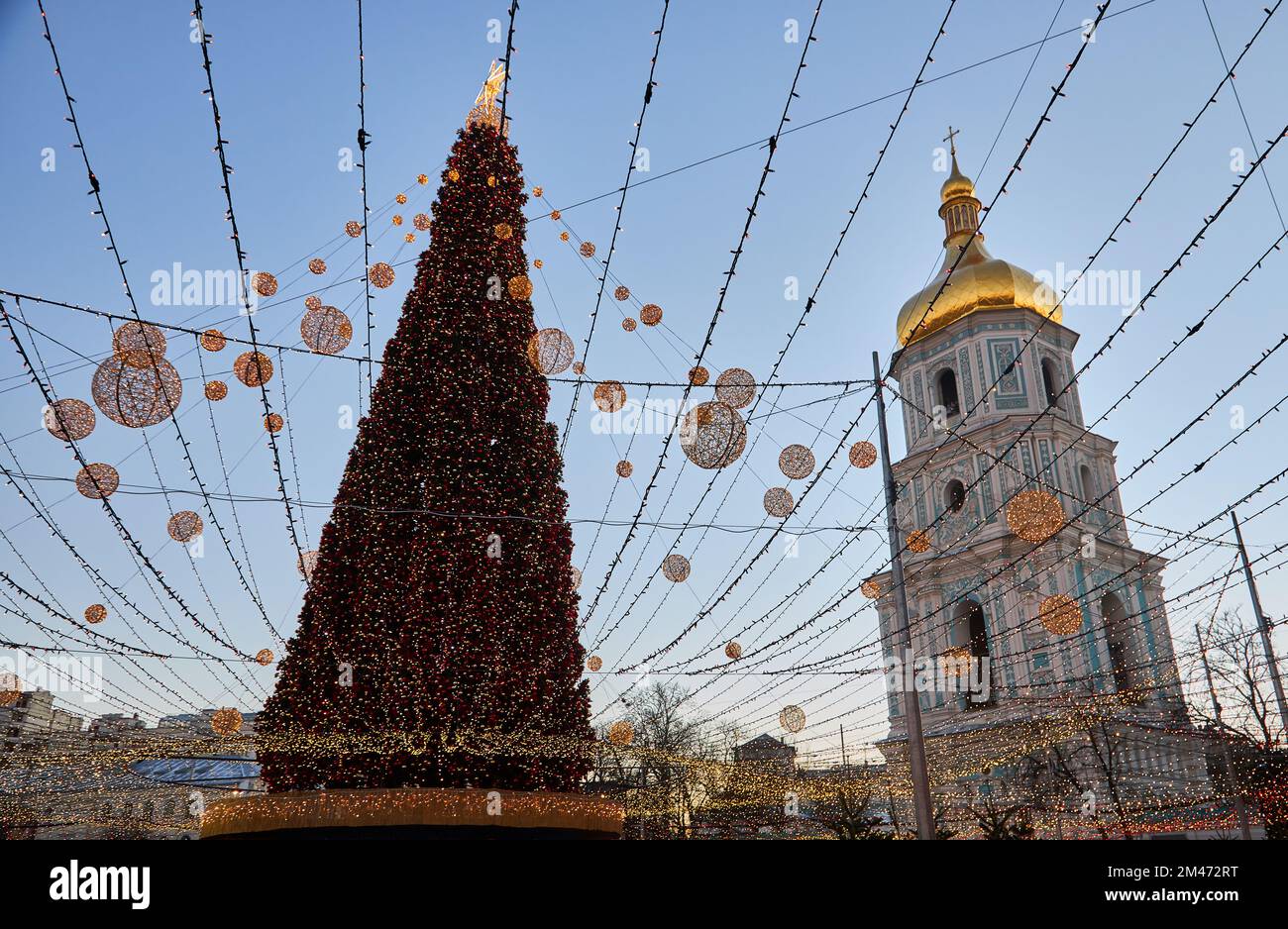 Christmas tree with lights outdoors at night in Kiev. Sophia Cathedral ...