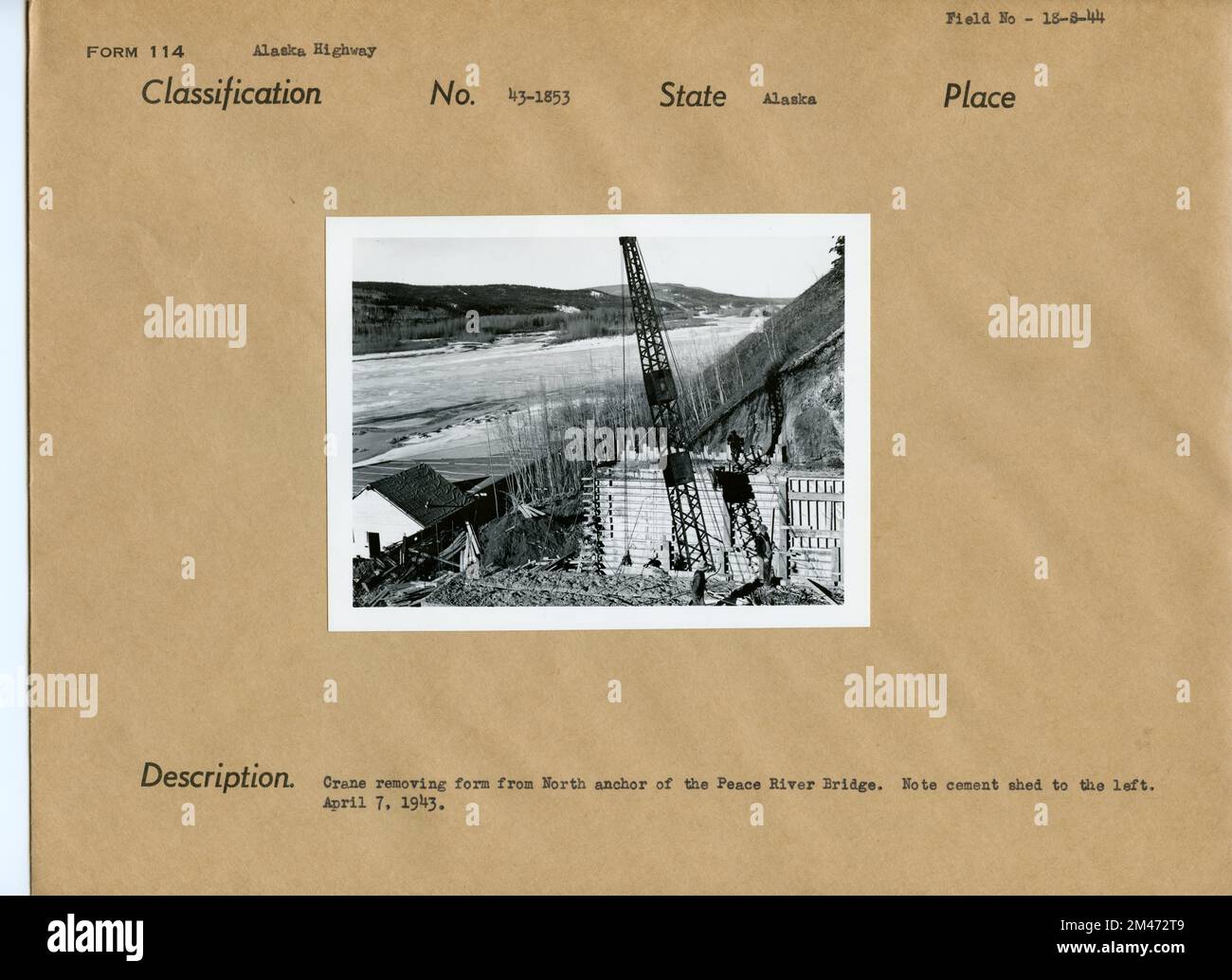 North Anchor of the Peace River Bridge. Original caption: Crane ...
