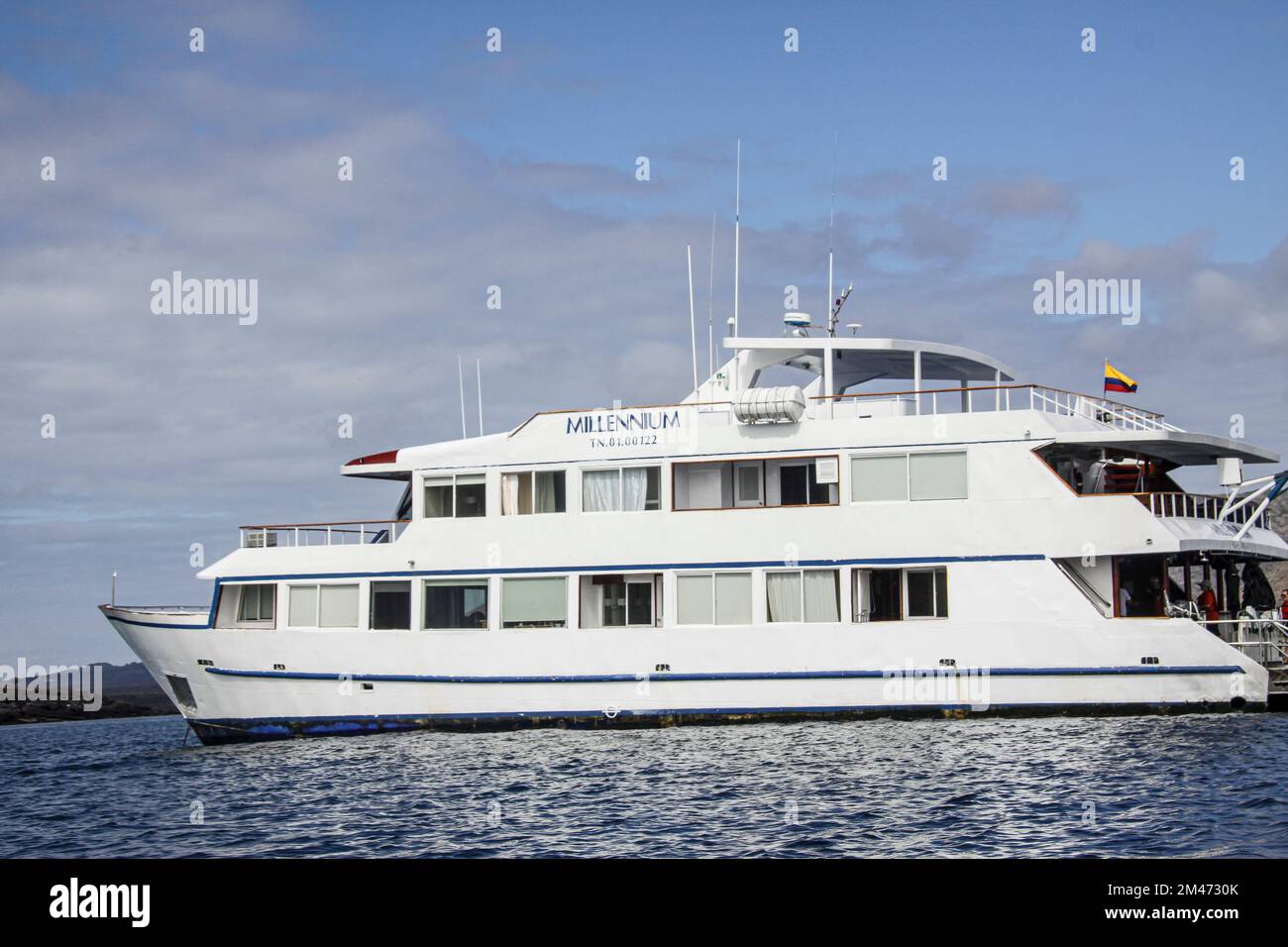 Tourist cruise boat, approach an Island in the Galapagos, Ecuador Stock ...