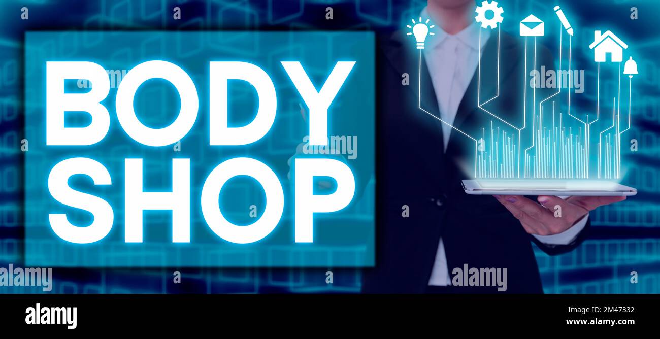 Text sign showing Body Shop. Conceptual photo a shop where automotive ...