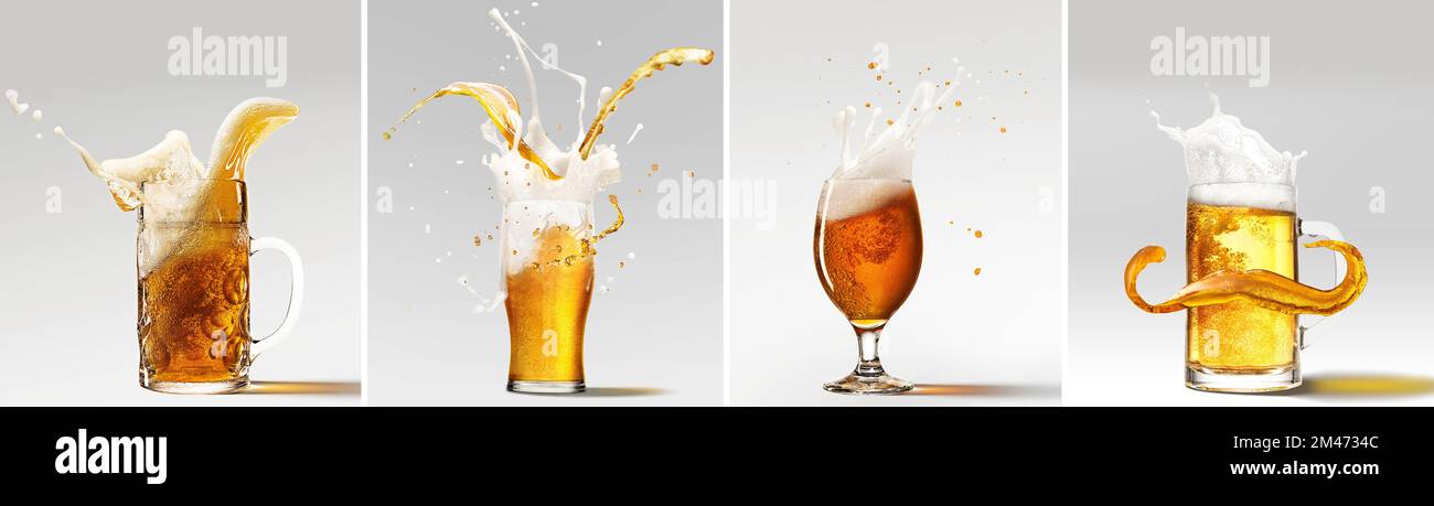 Collage. Glasses and mugs with chill , foamy lager beer over grey ...