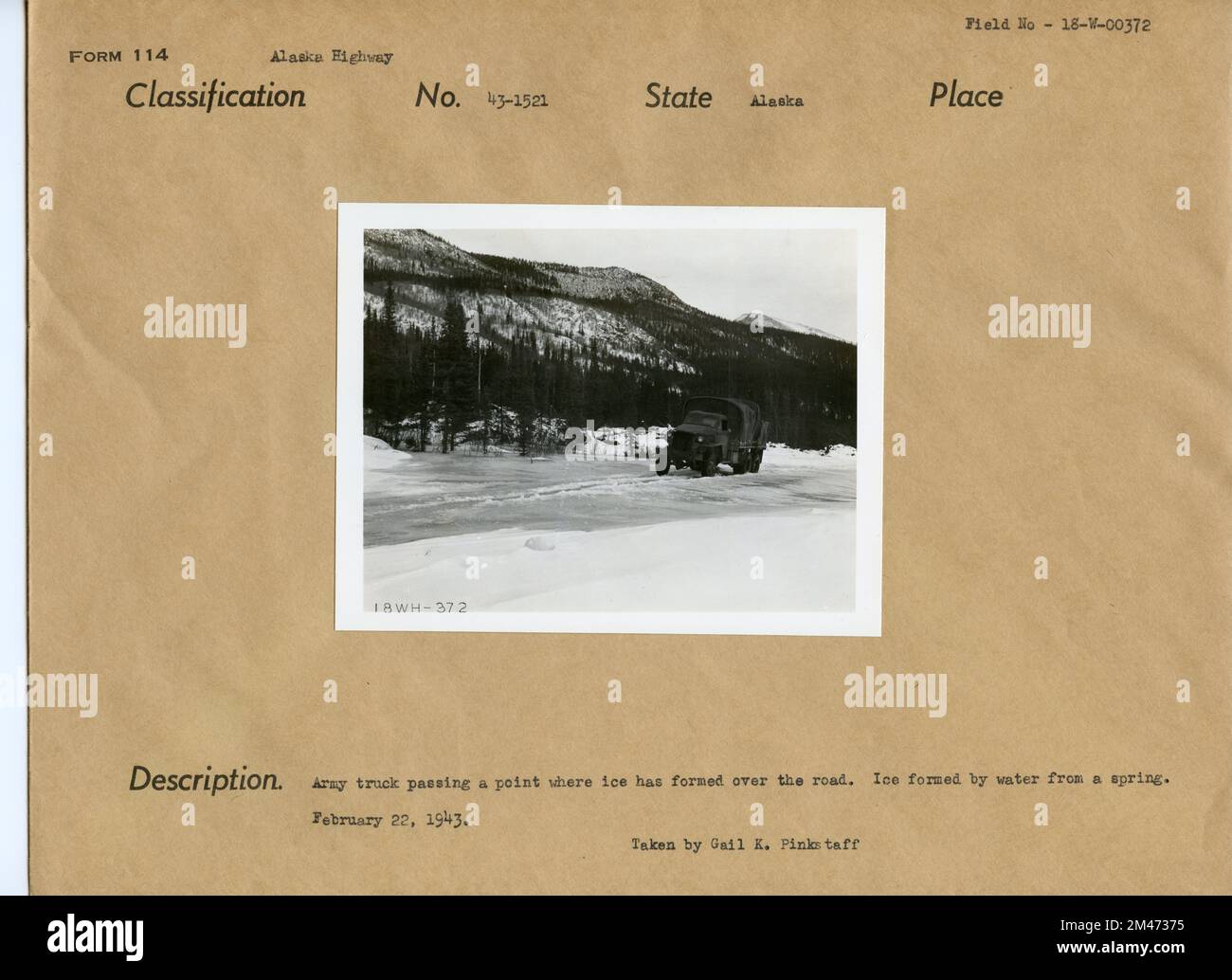 Ice Hazard on Road. Original caption: Army truck passing a point where ...