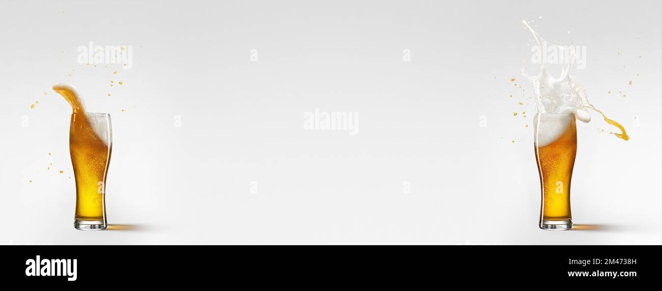 Collage. Foam splashes. Glass with cool lager beer isolated over grey ...