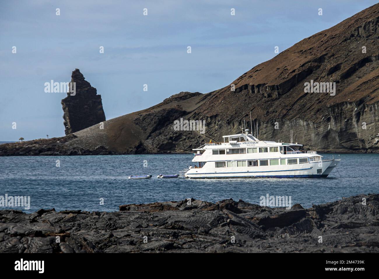 Tourist cruise boat, approach an Island in the Galapagos, Ecuador Stock ...