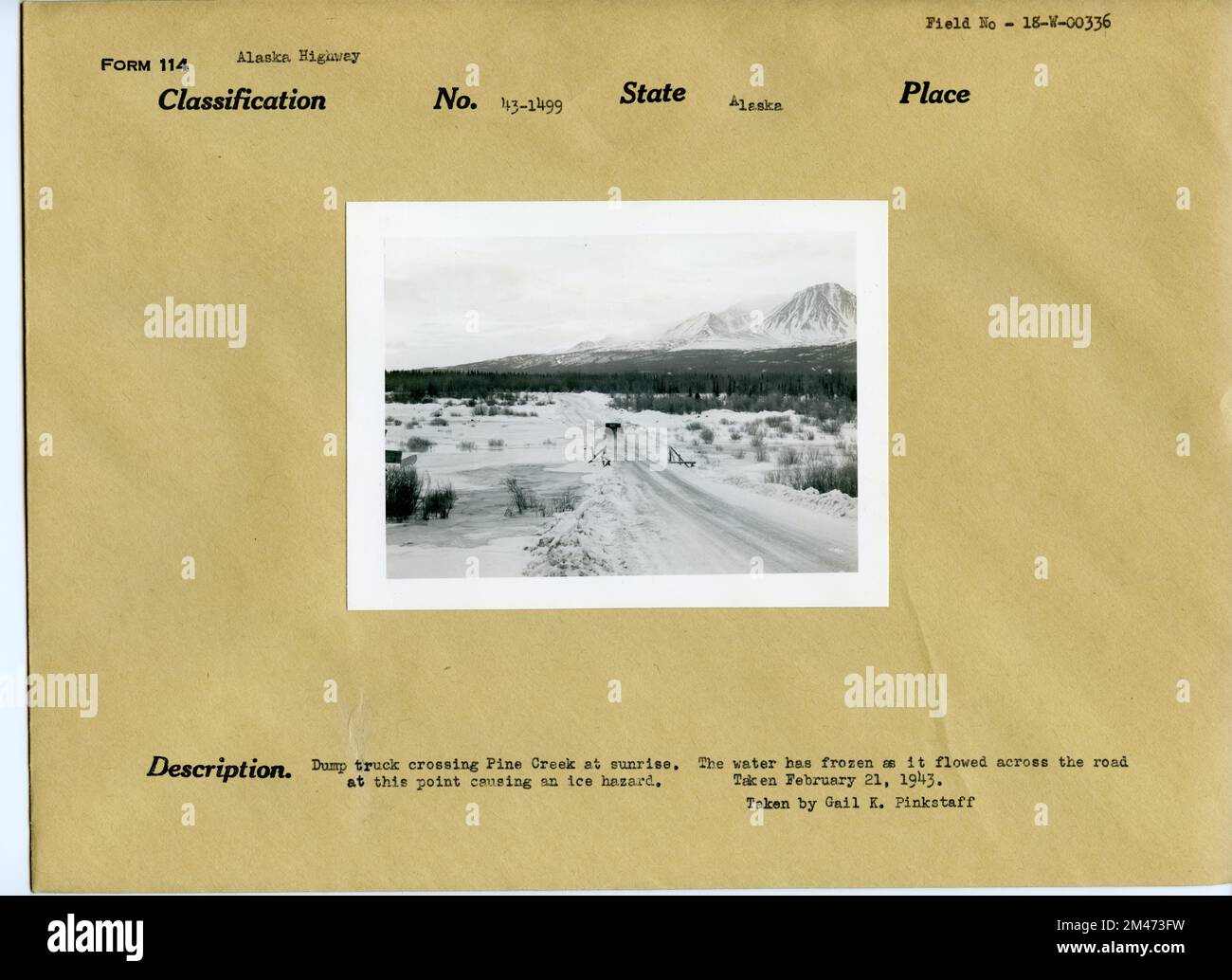 Ice Hazard at Pine Creek. Original caption: Dump truck crossing Pine ...