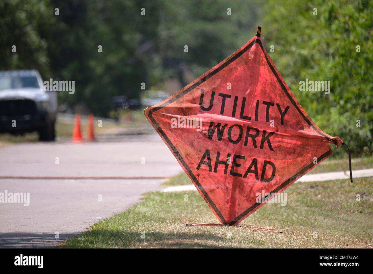 Road work ahead sign on street site as warning to cars about ...