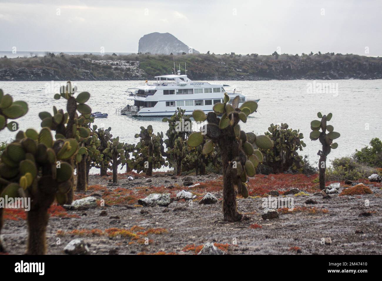 Tourist cruise boat, approach an Island in the Galapagos, Ecuador Stock ...