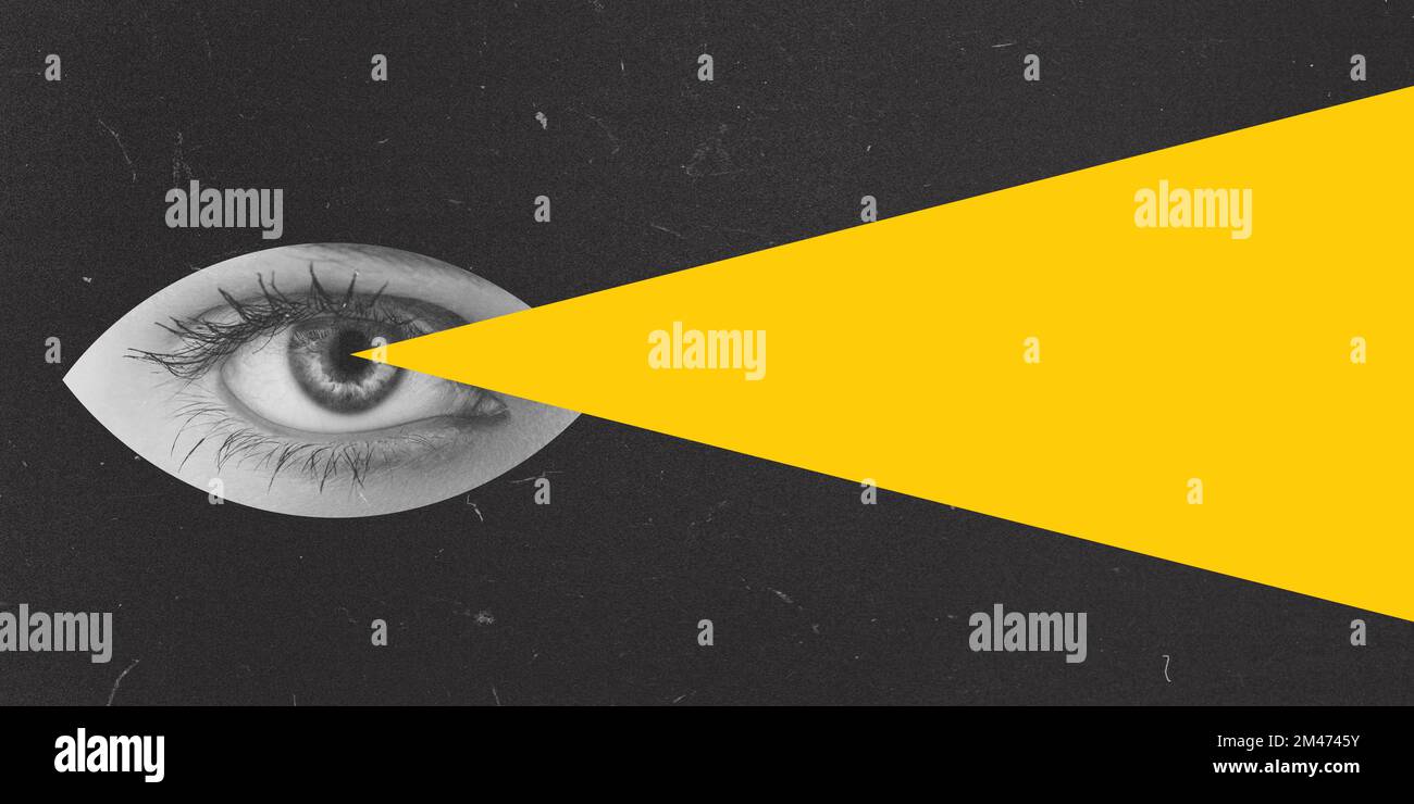 Contemporary art collage. Conceptual image. Female eye looking straight ...
