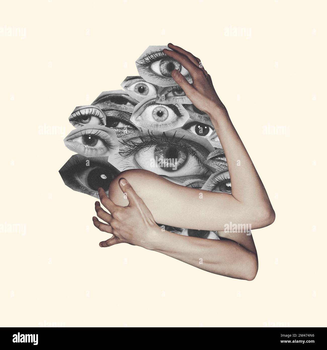 Contemporary art collage. Conceptual image. Human hands hugging many ...
