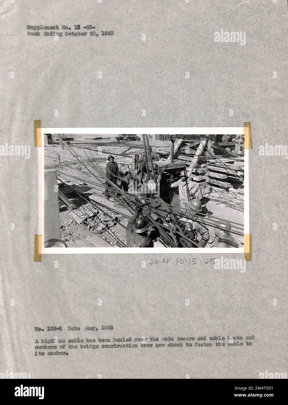 Highline cable being fastened to it's anchor. Original caption: A ...