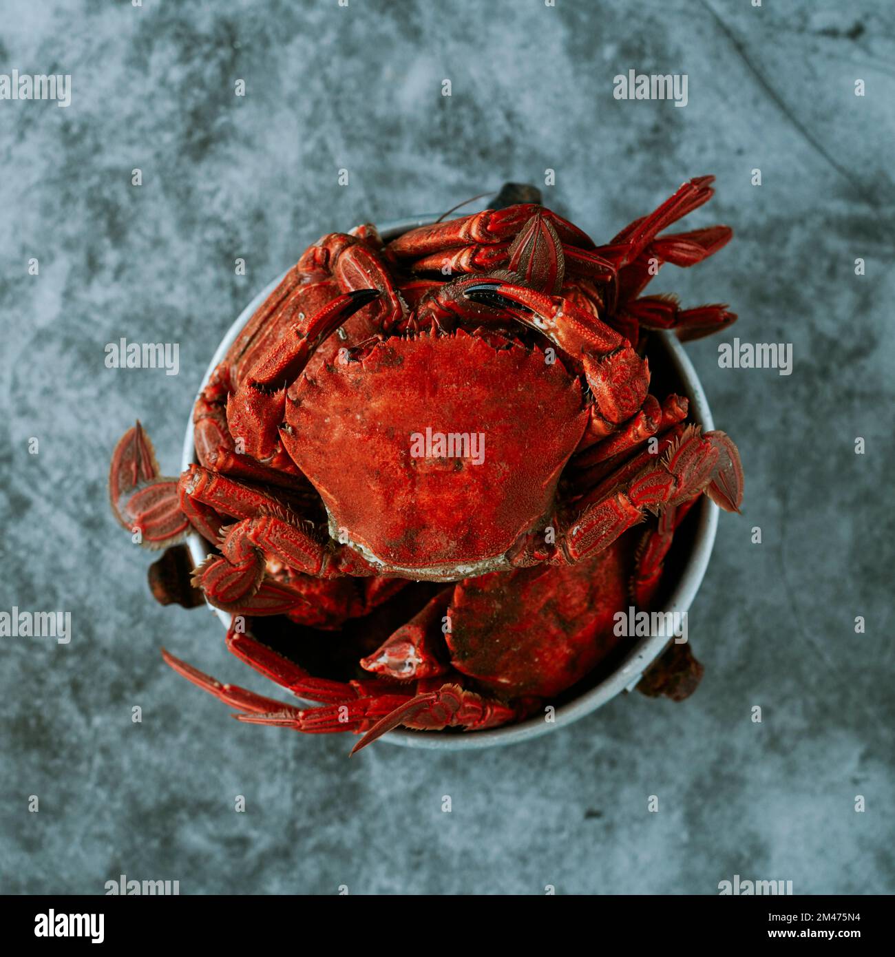 high angle view of some cooked velvet crabs in an old metal container ...