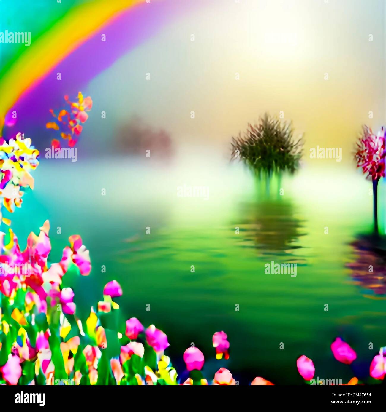 Rainbow colorful forest with lake, fantasy location - 3D Abstract ...