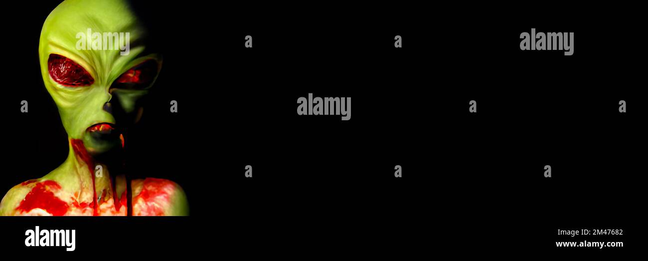 Green scary Alien - 3D Illustration - Black Background for your text or ...