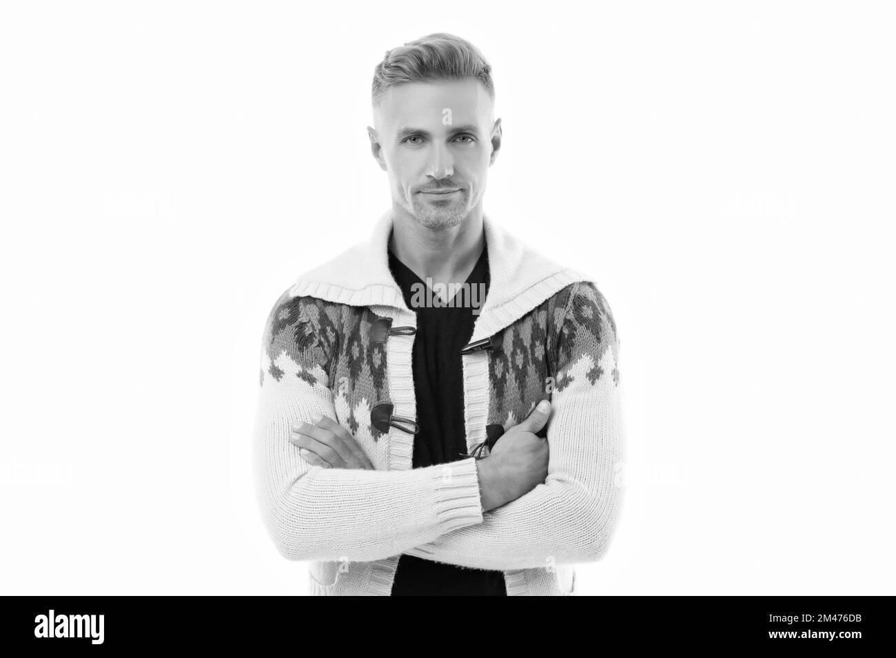 Confident serious man in cardigan keep arms crossed isolated on white ...