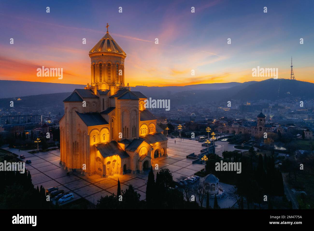 Holy Trinity church and downtown at sunset, Tbilisi, Georgia Stock ...