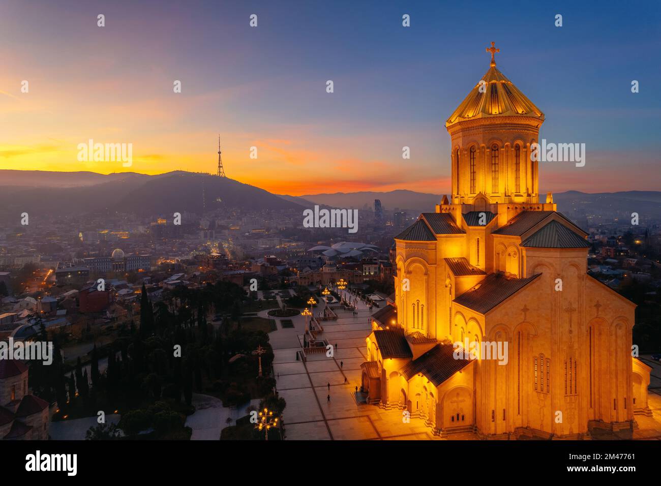 Holy Trinity church and downtown at sunset, Tbilisi, Georgia Stock ...