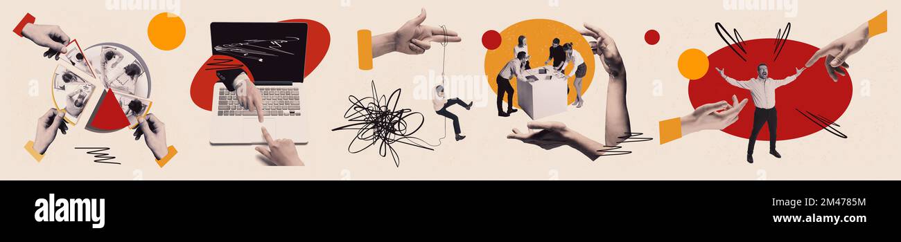 Contemporary art collage. Business icons of working process in the ...