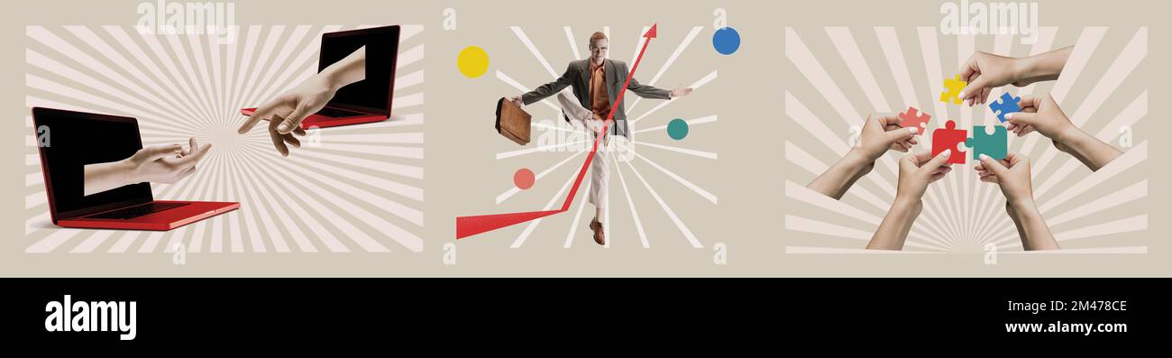 Contemporary art collage. Teamwork, cooperation, partnership. Working ...