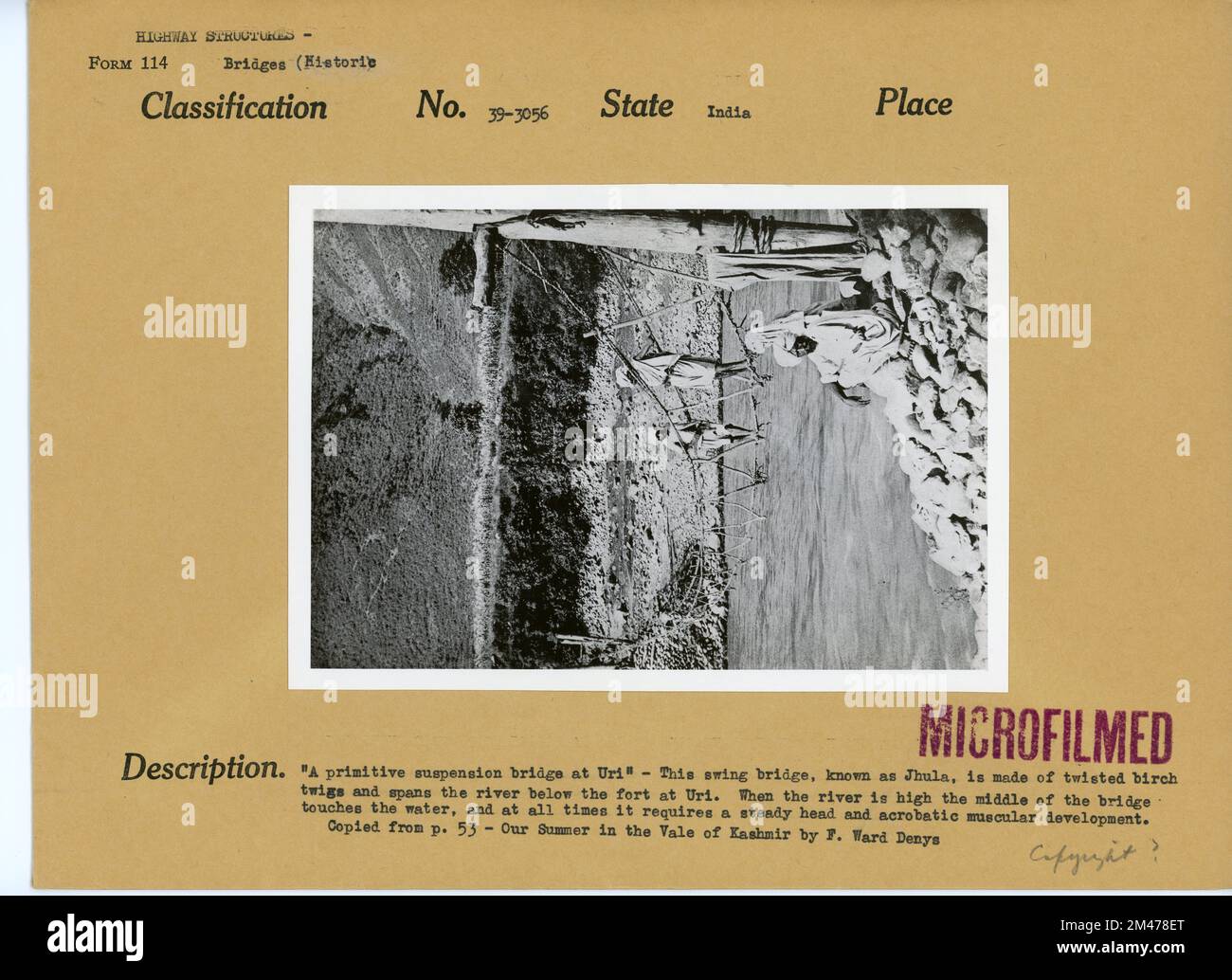 A primitive suspension bridge at Uri. Original caption: A primitive ...