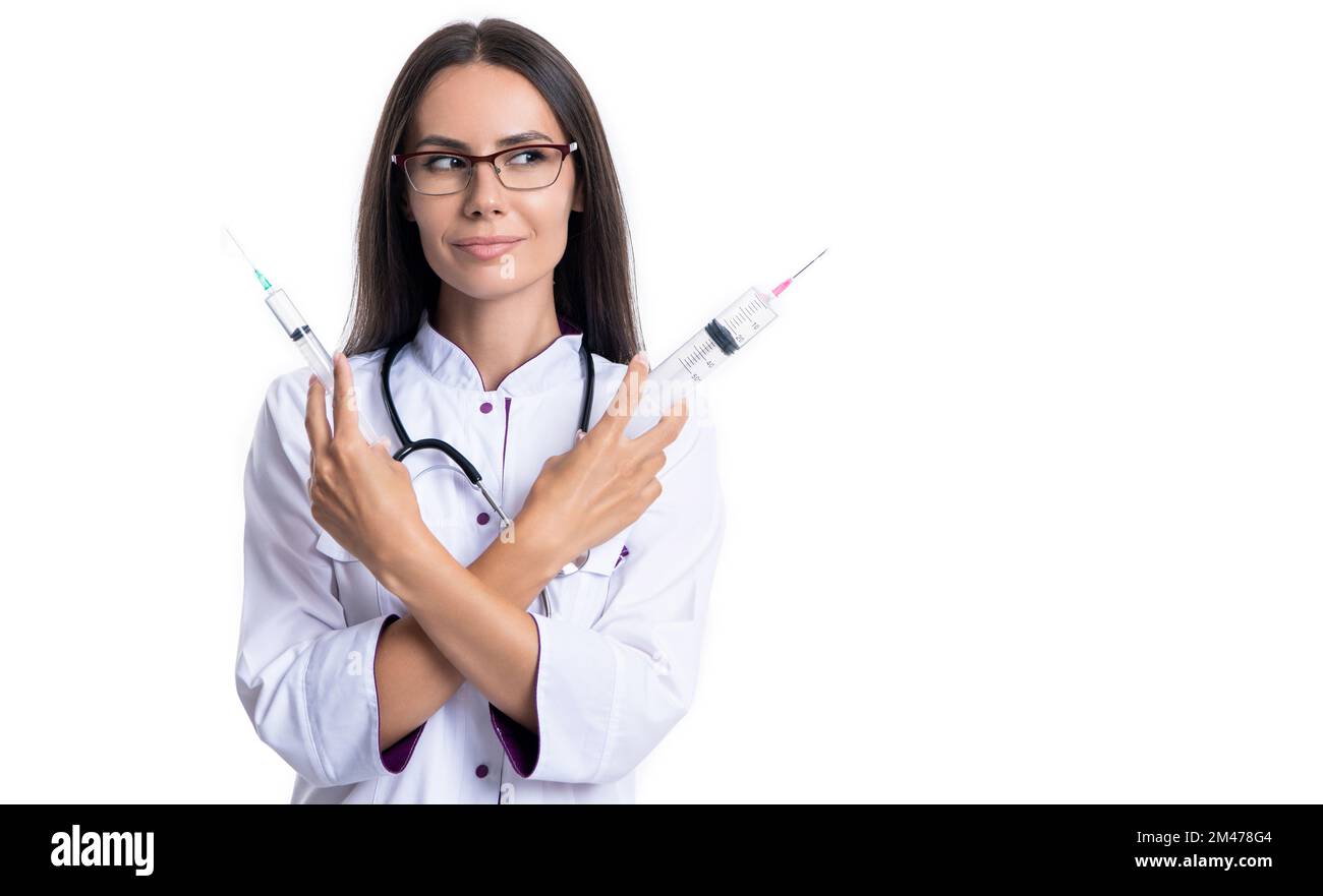 doctor do medical injection with syringe in studio, copy space. doctor ...