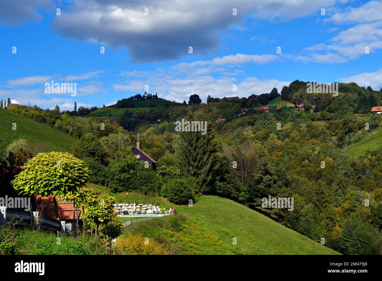 Austria, agricultural landscape with church spire of Kitzeck im Sausal ...