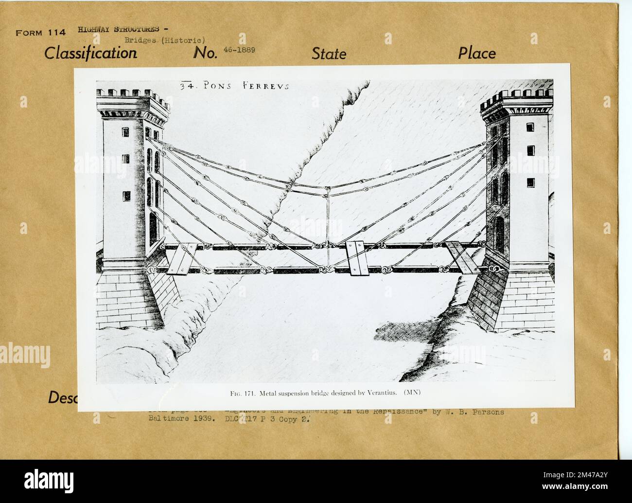 Metal suspension bridge designed by Verantius. Original caption ...