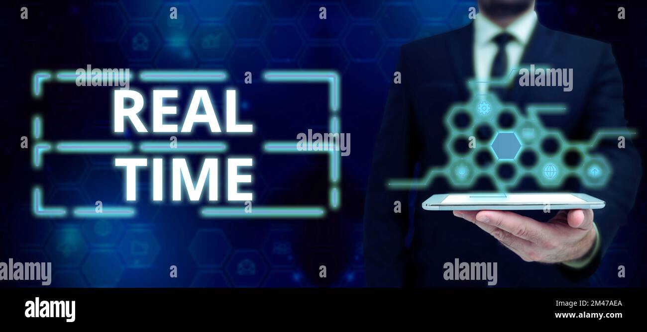 Text caption presenting Real Time. Concept meaning the actual time ...