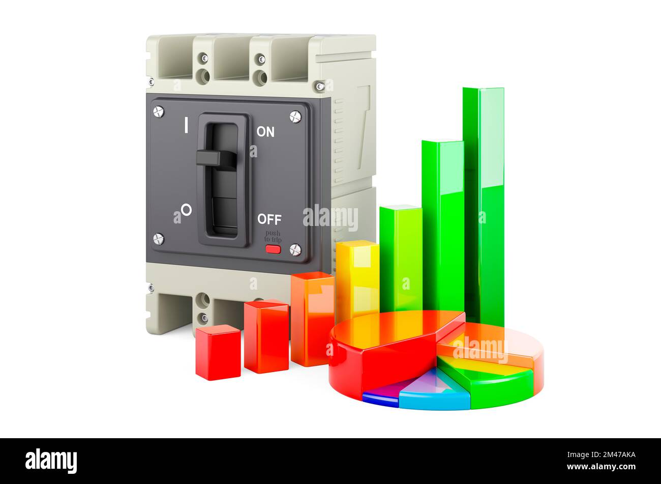 Circuit breaker with growth bar graph and pie chart, 3D rendering ...