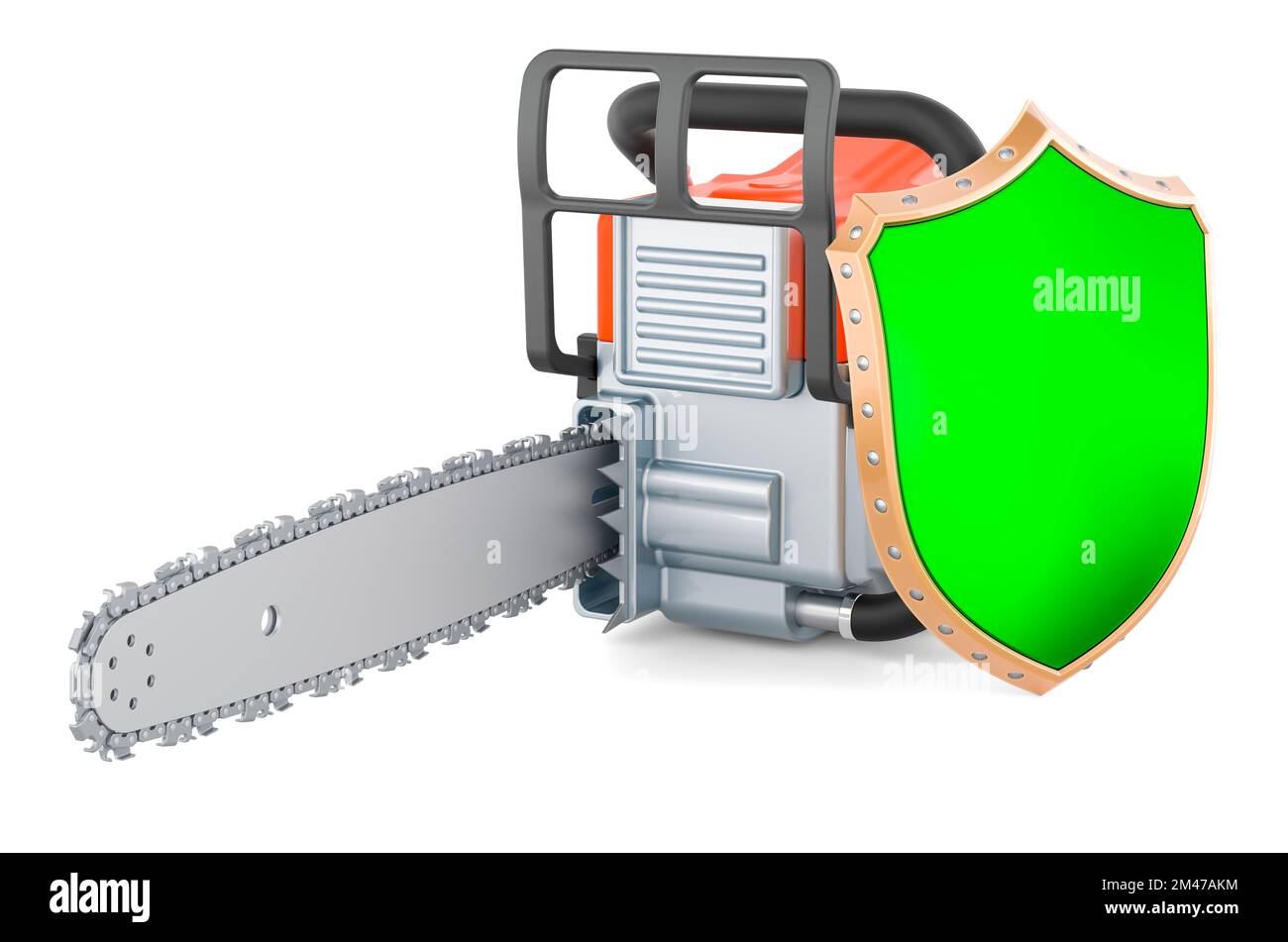Chainsaw with shield, 3D rendering isolated on white background Stock ...
