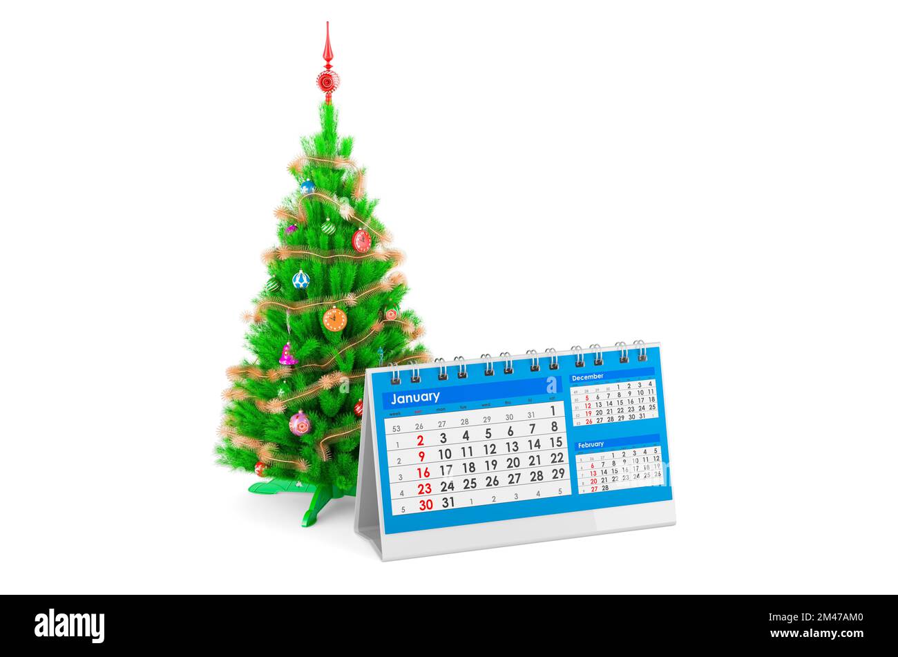 Christmas tree with desk calendar, 3D rendering isolated on white ...