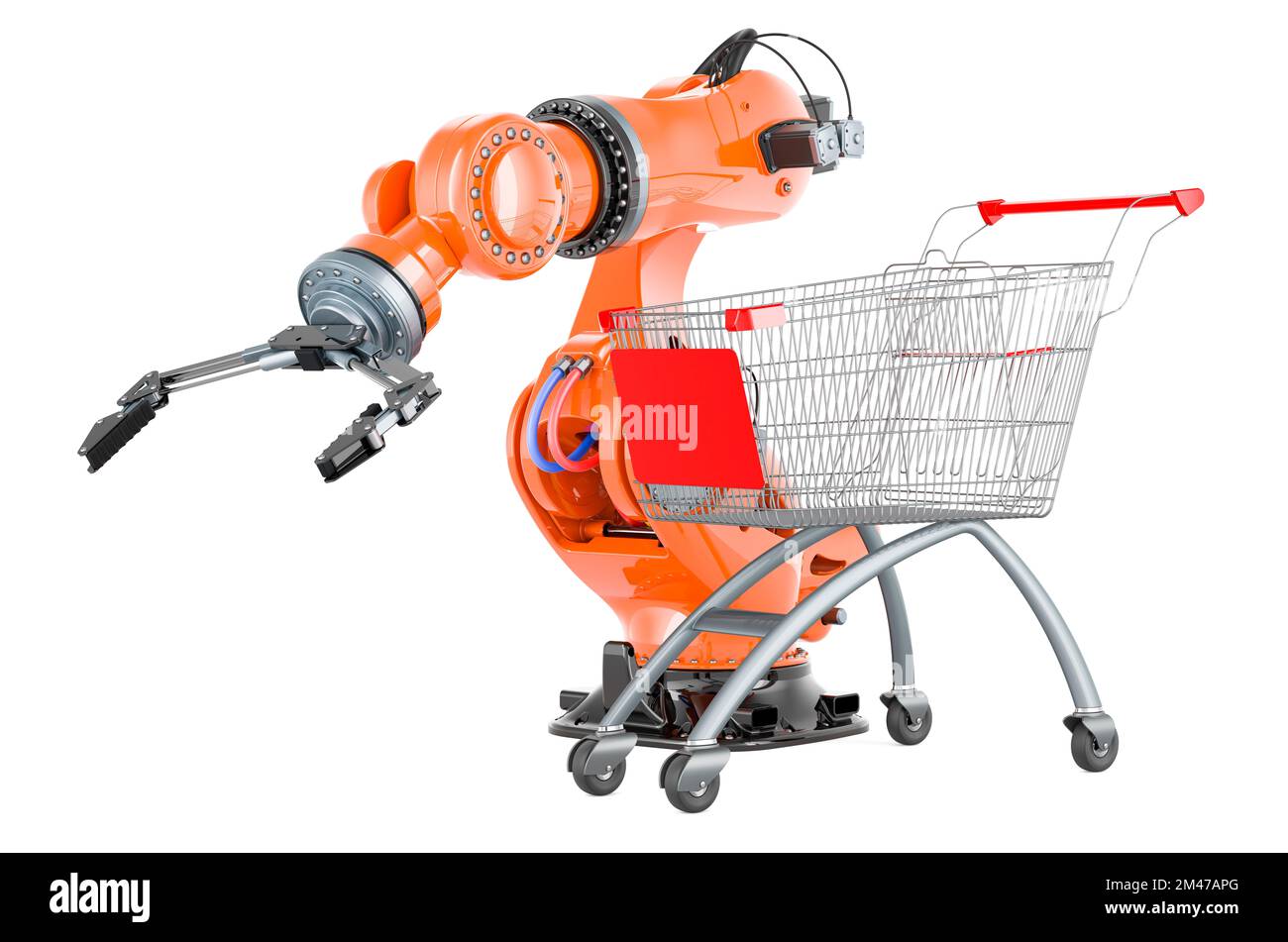 Shopping cart with mechanical robot arm. 3D rendering isolated on white ...