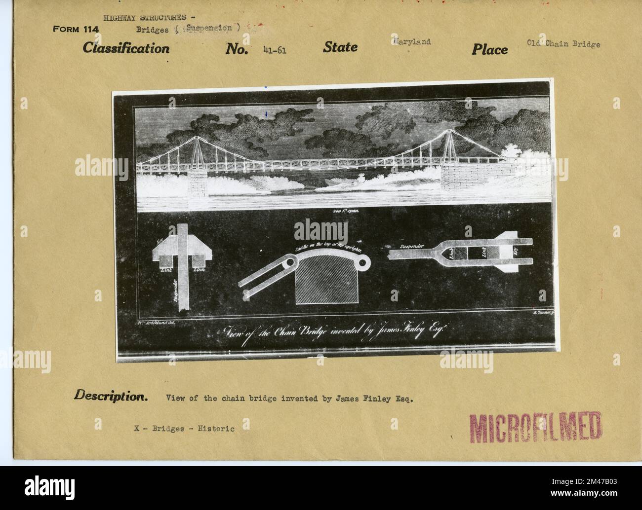 Old Chain Bridge. Original caption: View of the chain bridge invented ...