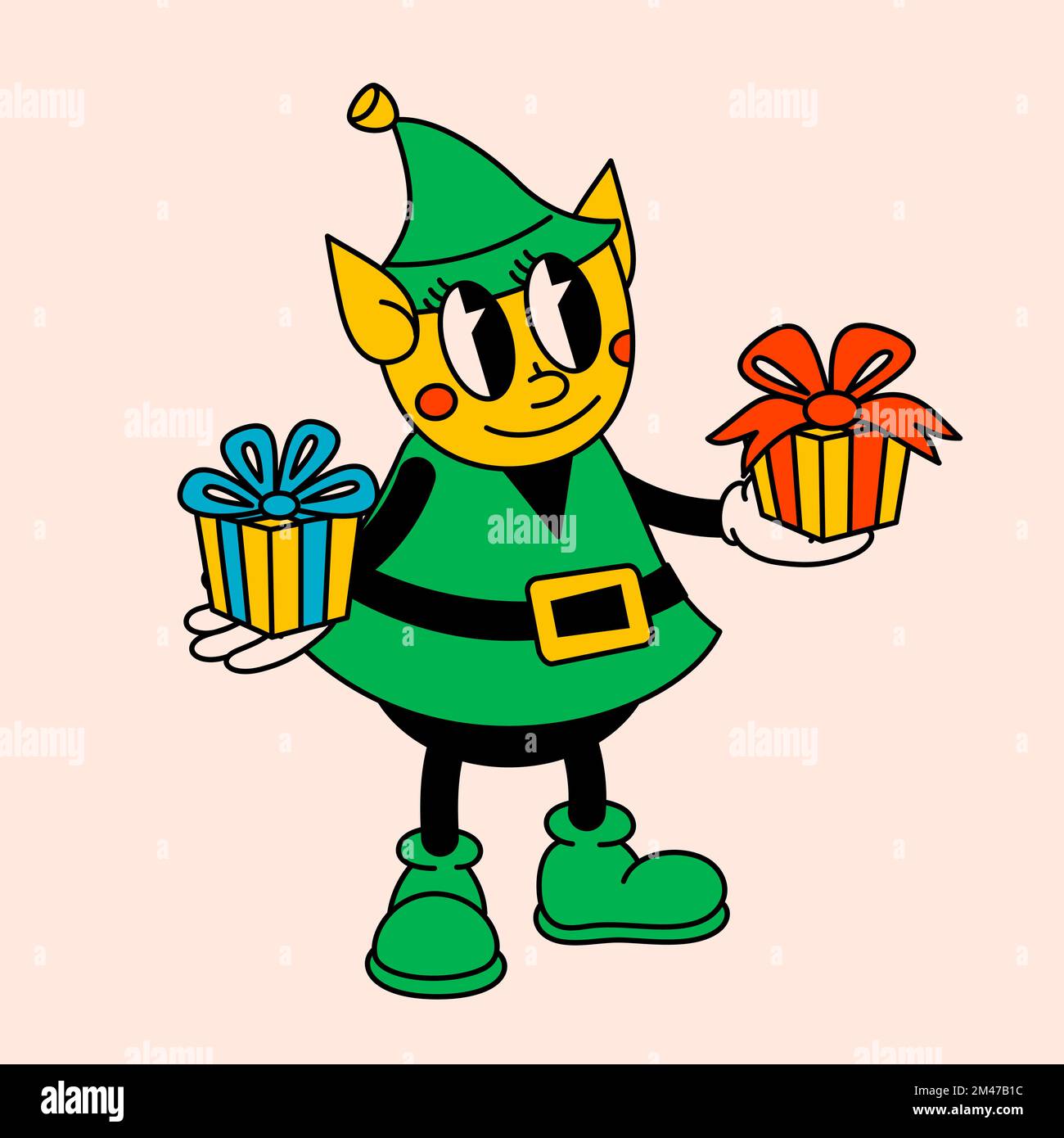 Merry Christmas and Happy New year trendy retro cartoon characters. Groovy hippie Christmas ...