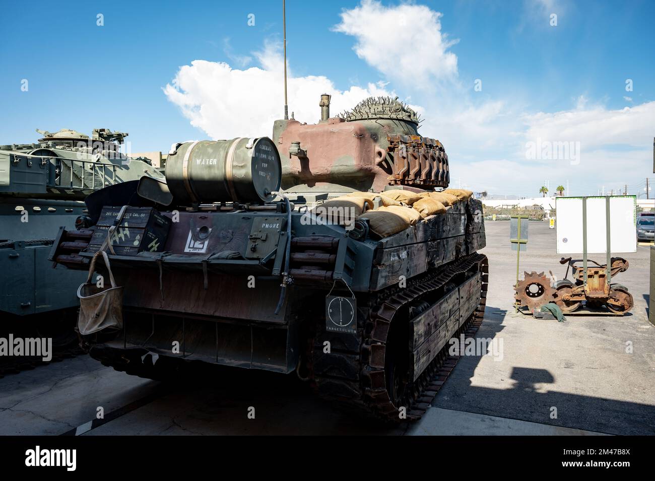 Detail of an old military M4 Sherman M4A3 main battle tank, back view ...