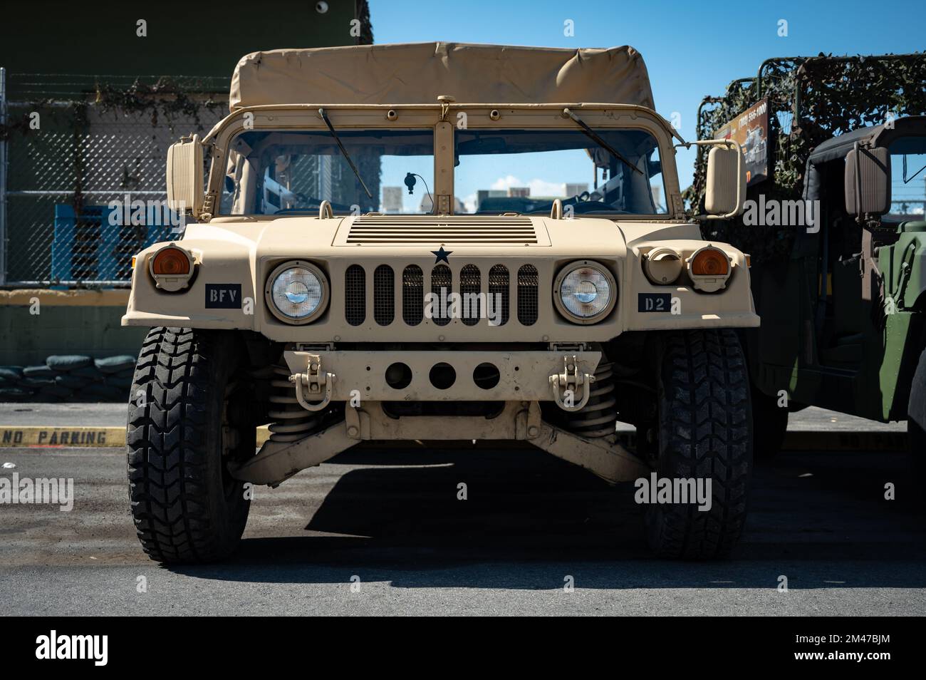 Frontal detail of a Humvee in a military base of the United States of ...