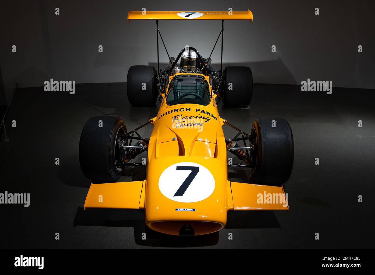 Detail of classic yellow Formula 5000 and Formula A 1969 McLaren M10A ...