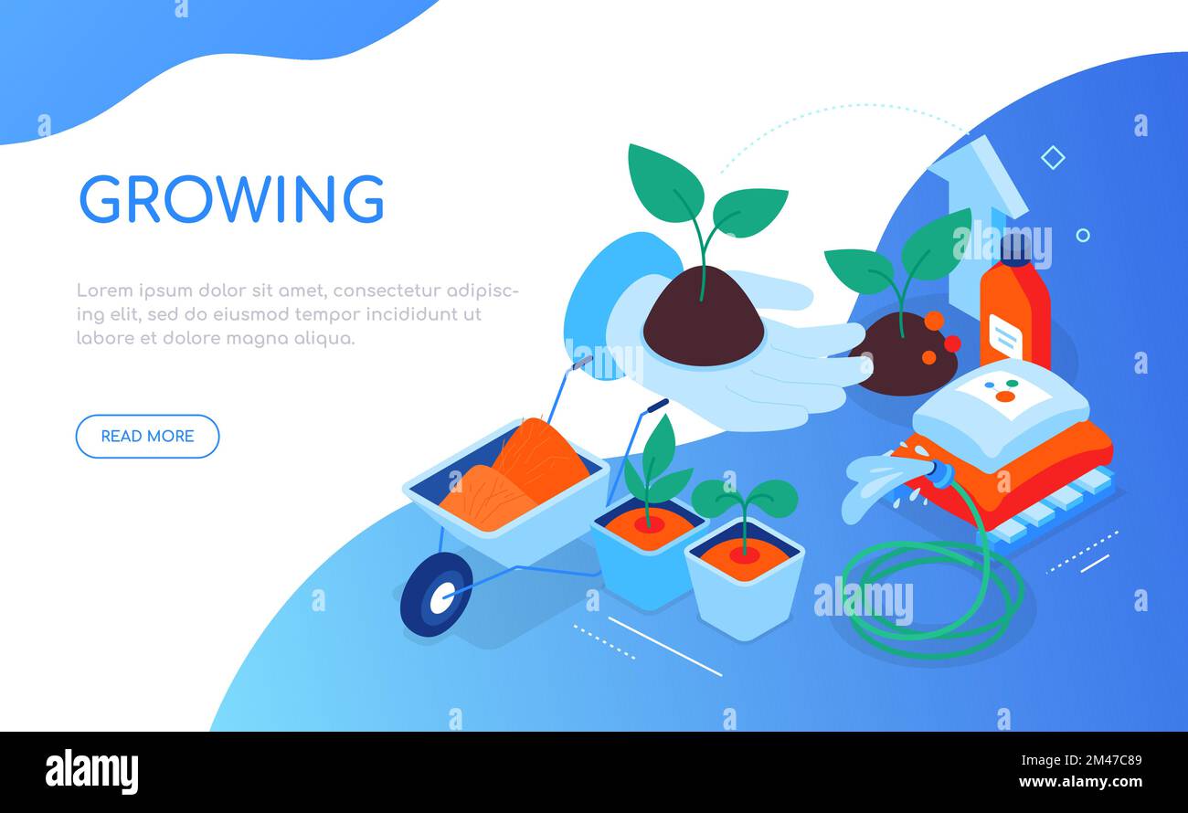 Growing and caring for plants - modern colorful isometric web banner ...