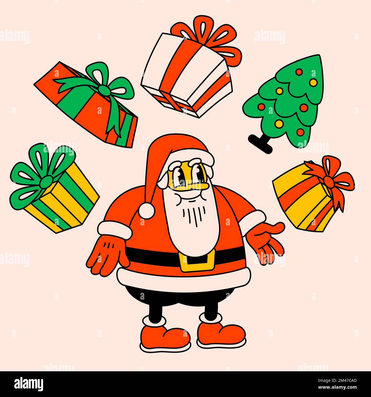 Merry Christmas and Happy New year trendy retro cartoon characters ...