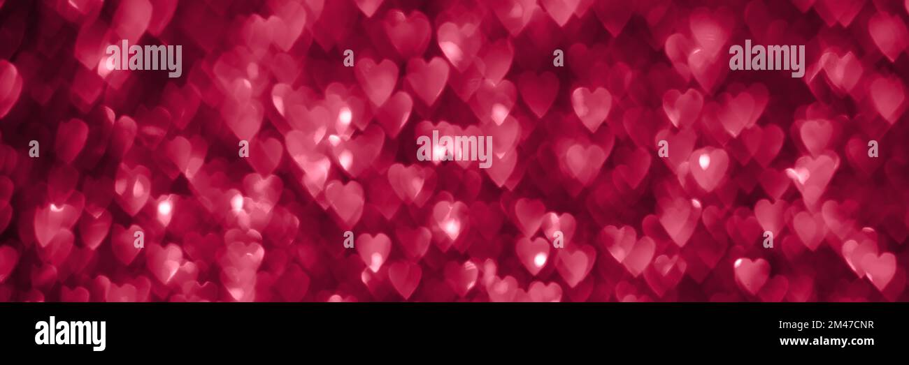 Trendy viva magenta, pink red hearts, sparkling glitter bokeh panoramic ...