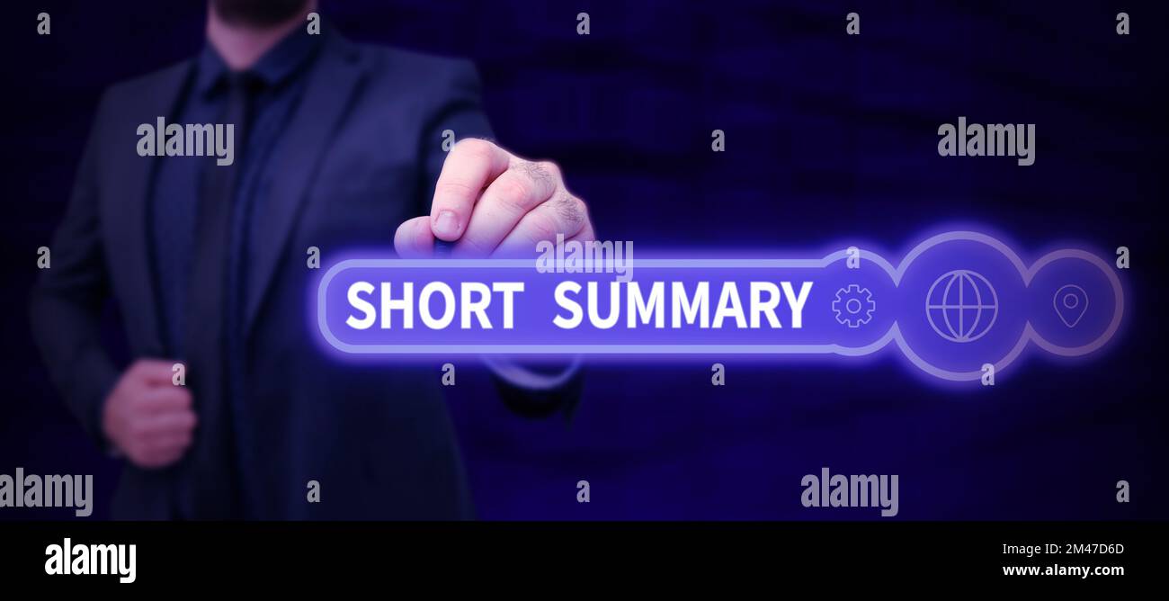 Hand writing sign Short Summary. Concept meaning Brief statement of ...