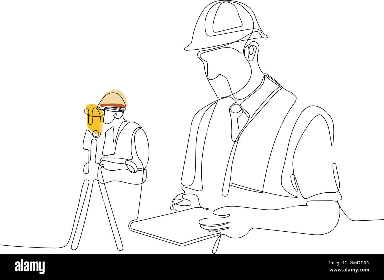 Close up of young Caucasian worker with helmet on head using tablet for ...