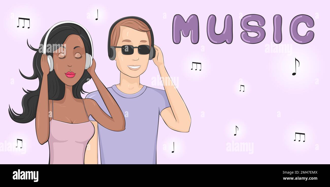 Music lovers enjoying music in headphones. Poster. Vector illustration ...