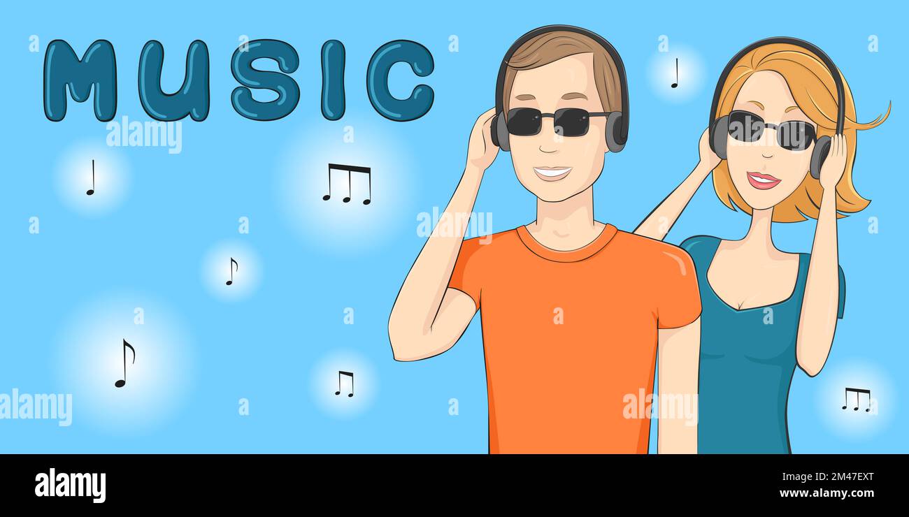 Boy and girl listening music in headphones. Poster. Vector illustration ...
