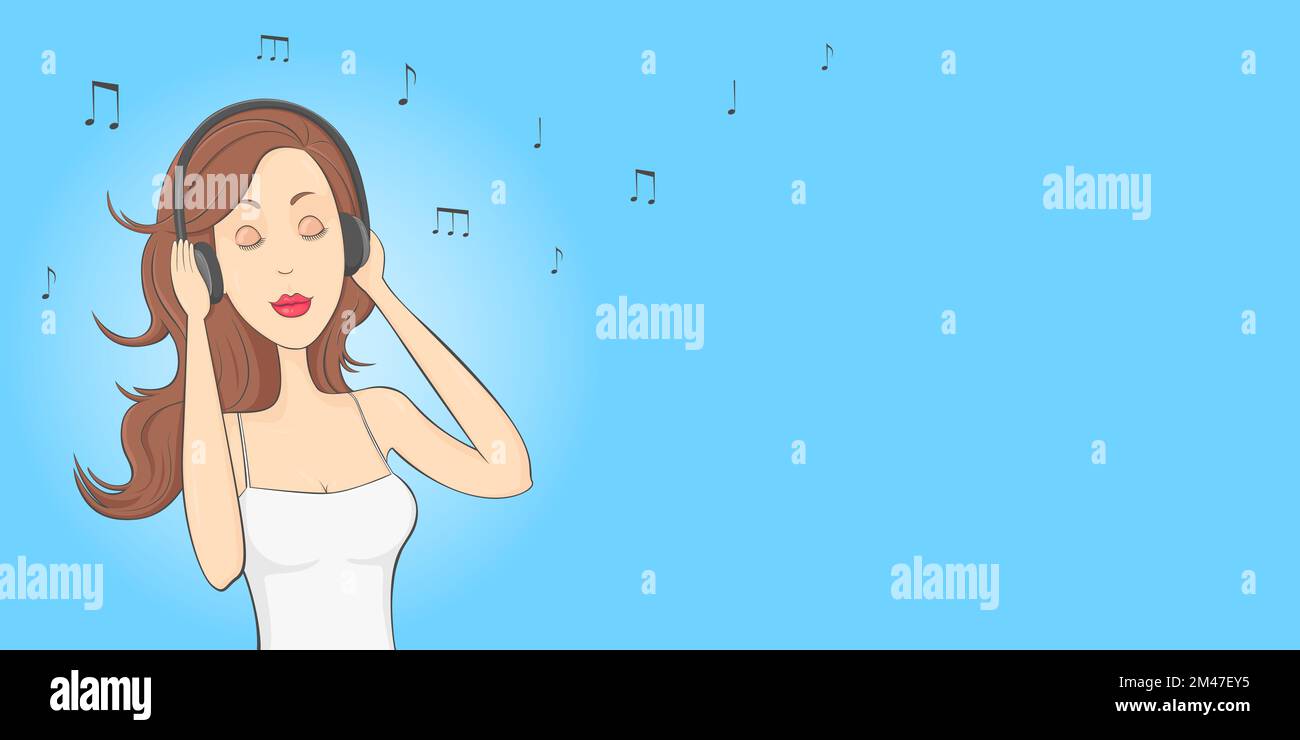 Girl listening music in headphones. Poster with copy space. Vector ...