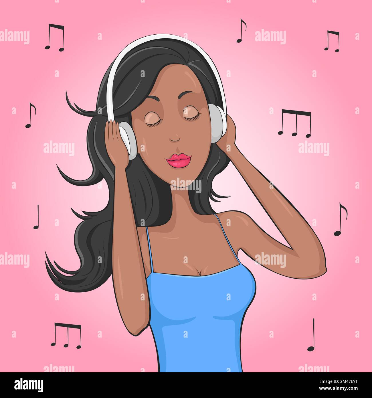 African girl listening music in headphones. Cartoon. Vector ...