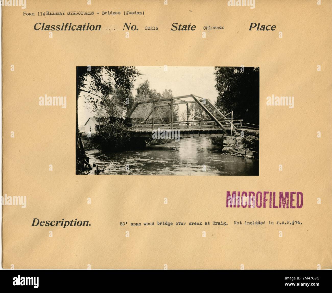 Fifty-Foot Span Wood Bridge over Creek at Craig. Original caption: 50 ...