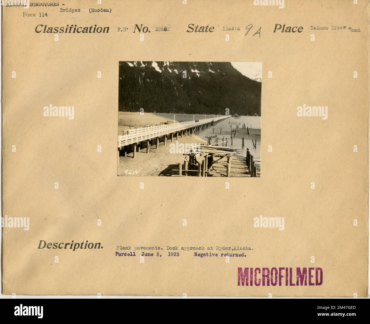 Dock approach at Hyder, Alaska. Original caption: Plank pavements. Dock ...