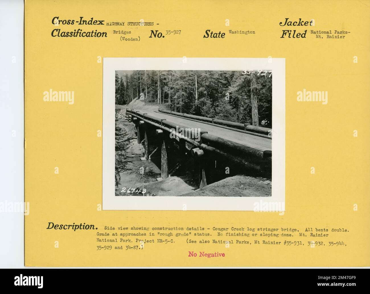 Cougar Creek log stringer bridge. Original caption: Side view showing ...