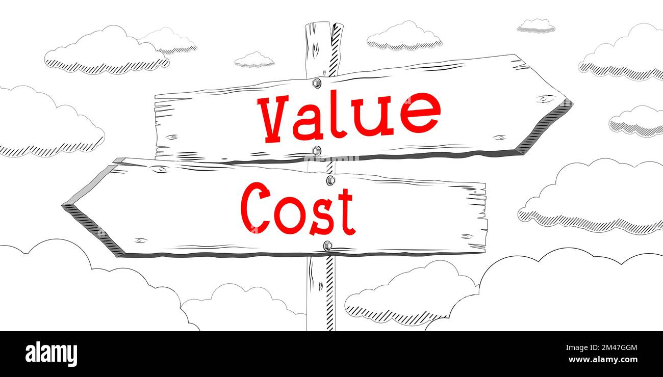 Cost and value - outline signpost with two arrows Stock Photo - Alamy