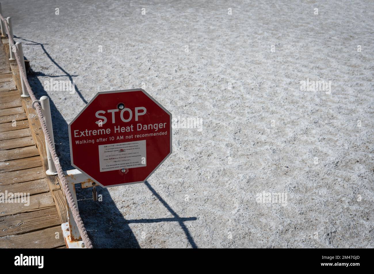 STOP sign caution for dehydration and heat stroke in the salt flat of ...